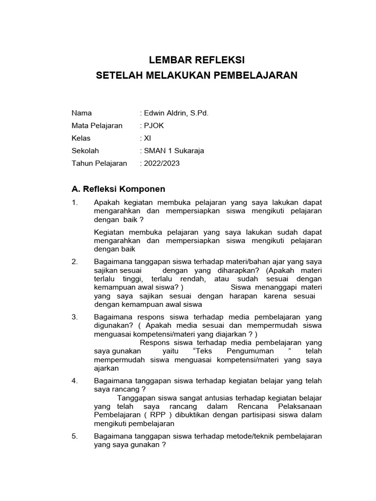 Refleksi Pembelajaran PJOK Kelas XI | PDF