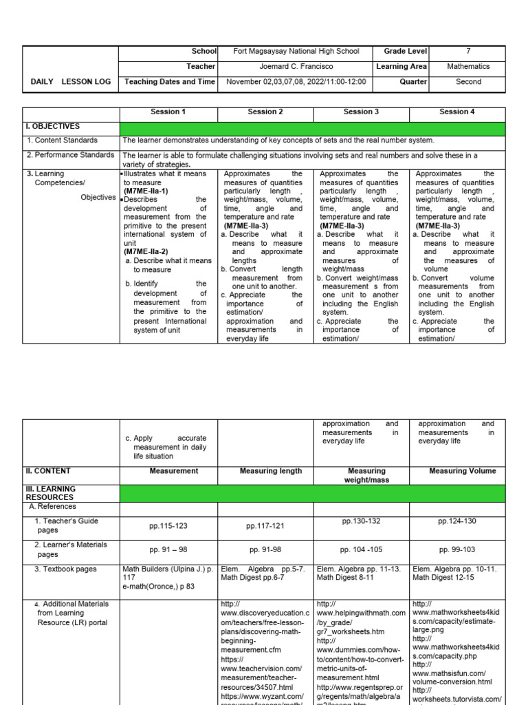 Grade 7 Math DLL: Measurement Concepts | PDF | Volume | Gallon