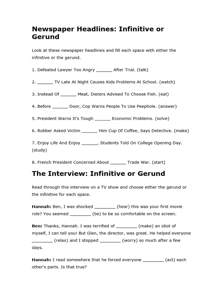 Gerund-Infinitive - Newspaper Headlines | PDF