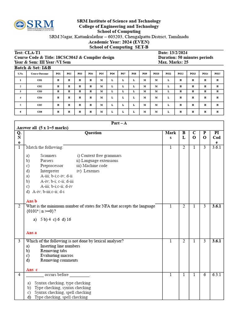 CT 1 - B Answer Key | PDF | Parsing | Computer Programming