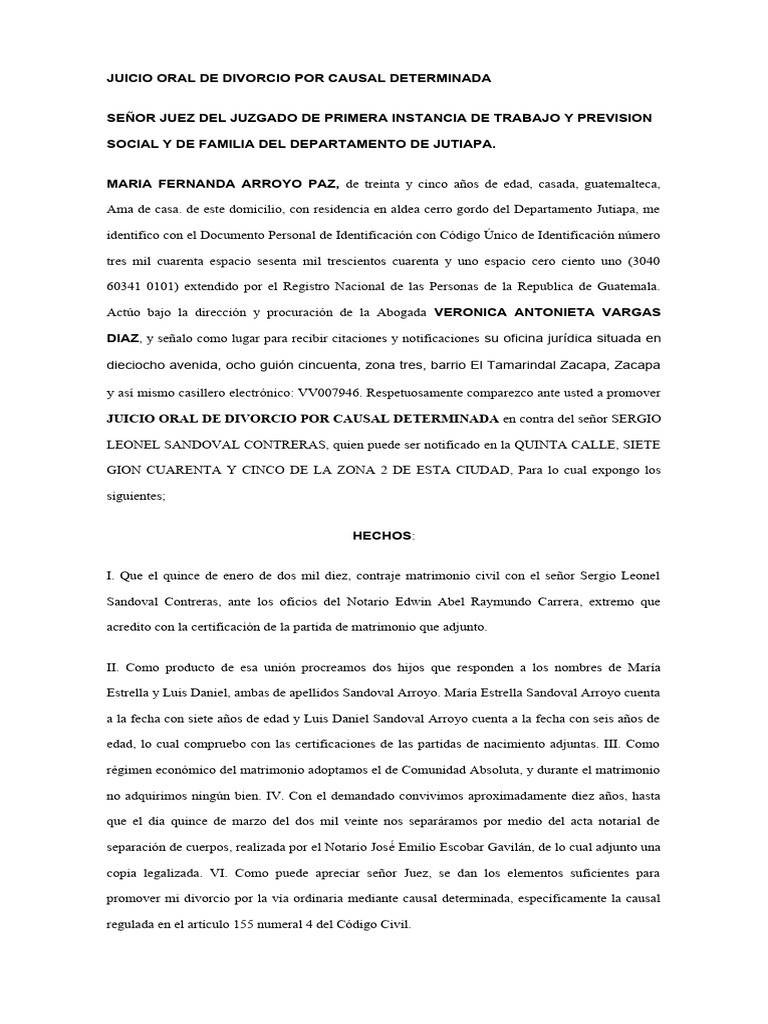 Juicio Oral de Divorcio Por Causal Determinada | PDF | Divorcio | Ley común