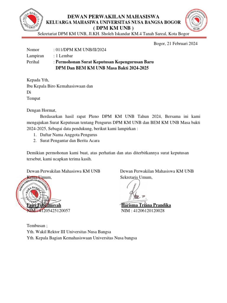 SURAT PERMOHONAN PENGAJUAN SK PENGURUS DPM DAN BEM KM UNB New | PDF | Sains & Matematika