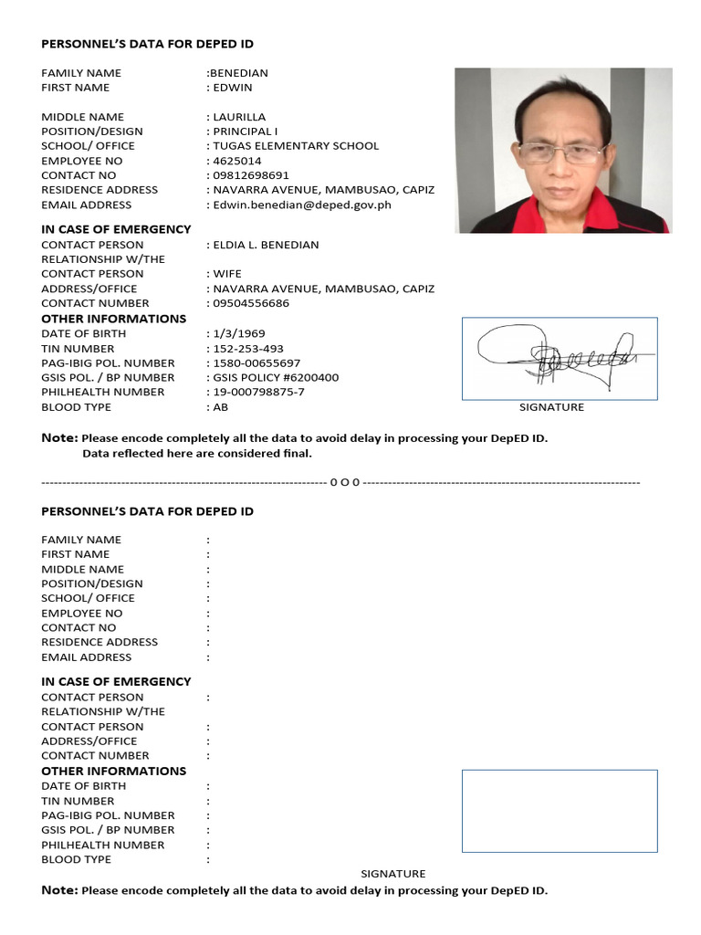 DEPED ID Form For Teachers Data | PDF