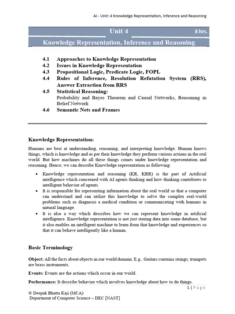 Unit 4 Knowledge Representation, Inference and Reasoning-1 | PDF | Knowledge Representation And ...