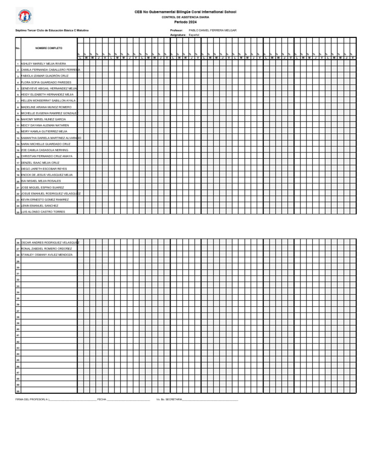 Cuadro de Asistencia Diaria Séptimo Tercer Ciclo de Educación Básica - C Matutina - Español | PDF