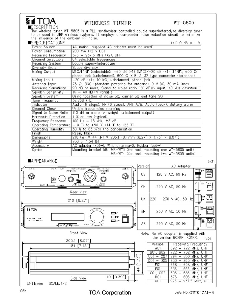 1489 WT 5805 Uhf Wireless Tuner Specification | PDF