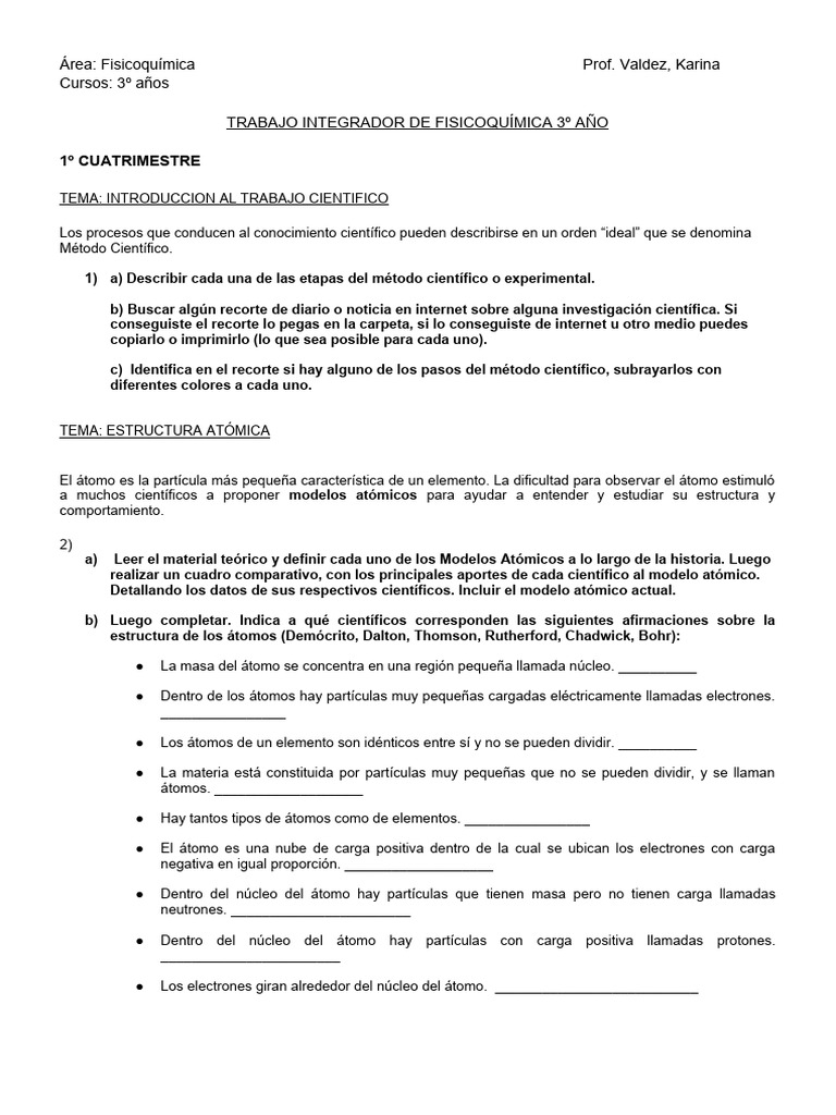TP Integrador de FQA 3º Año2023 | PDF | Átomos | Compuestos químicos
