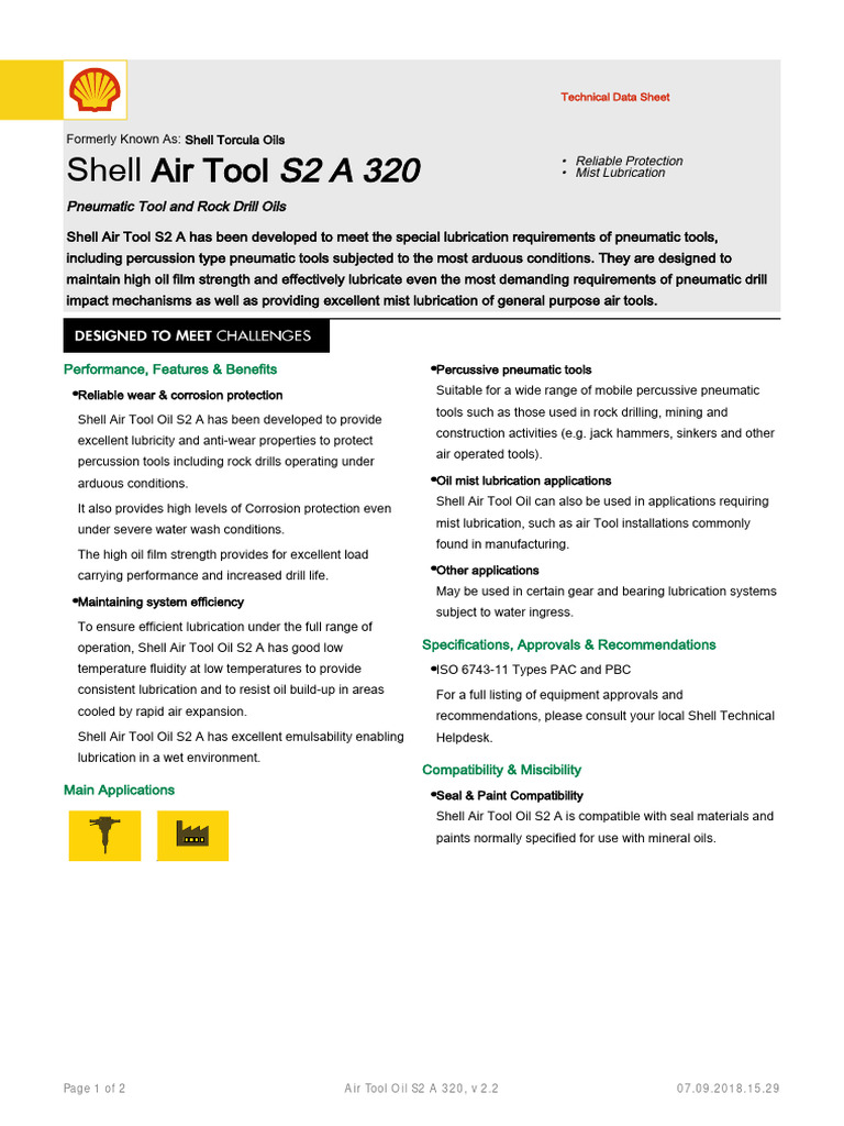 Shell Air Tool Oil S2 A 320 Overview | PDF | Drill | Viscosity