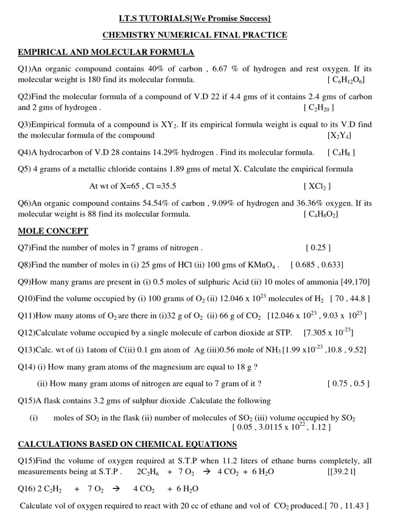 Chem Numerical Final Practice | PDF | Molecules | Mole (Unit)