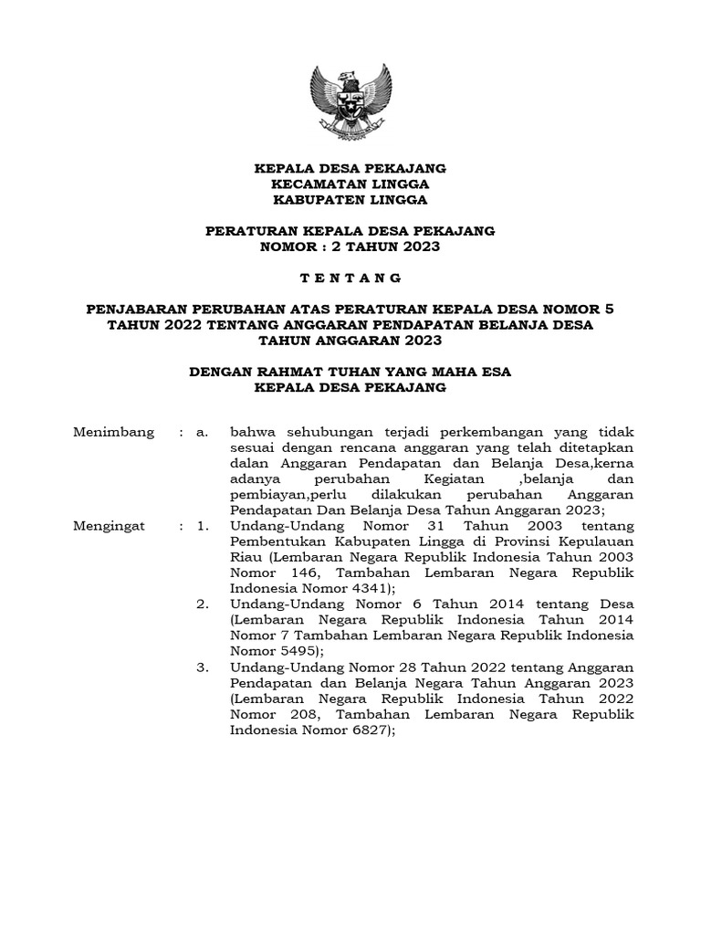 Contoh Perkades Penjabaran APBDes P 2023 | PDF | Pengelolaan Keuangan & Uang | Griya & Taman