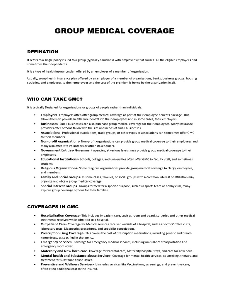Group Medical Coverage: Defination | PDF | Insurance | Employment