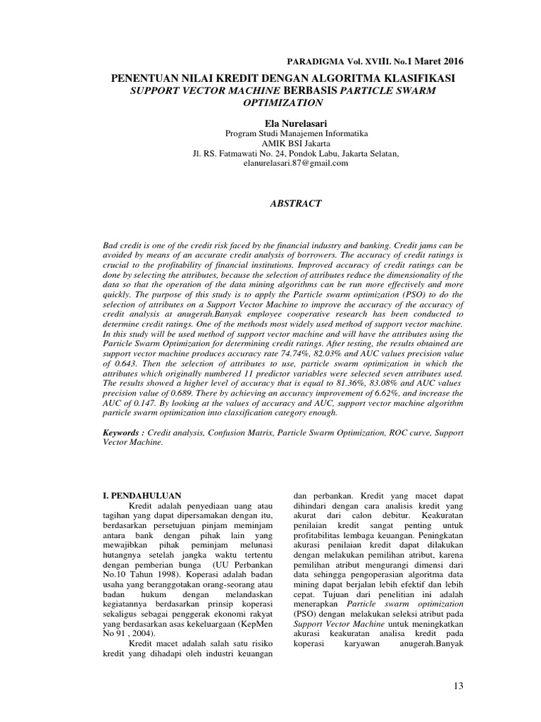 Penentuan Nilai Kredit Dengan Algoritma Klasifikasi Support Vector Machine Berbasis Particle ...