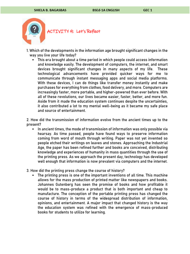 Activity 9 (SHIELA B. BAGASBAS BSEd-1A ENGLISH) GEC 1 | PDF | Social Media | Popular Culture ...