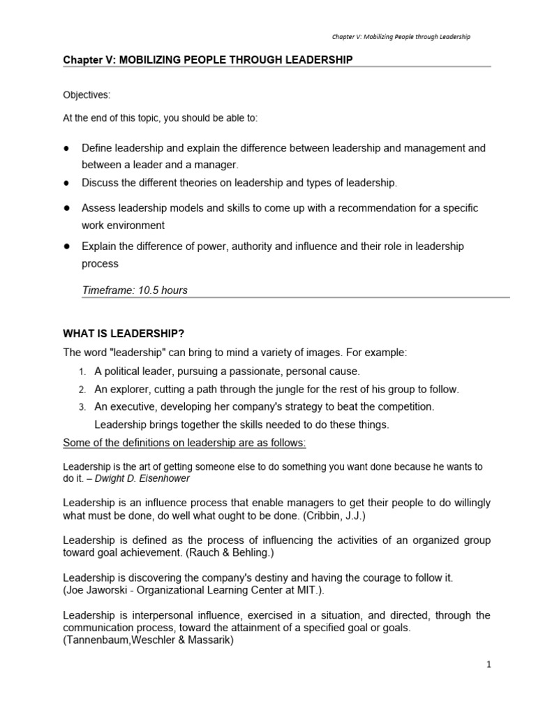 Chapter V - Mobilizing People Through Leadership | PDF | Leadership | Motivational