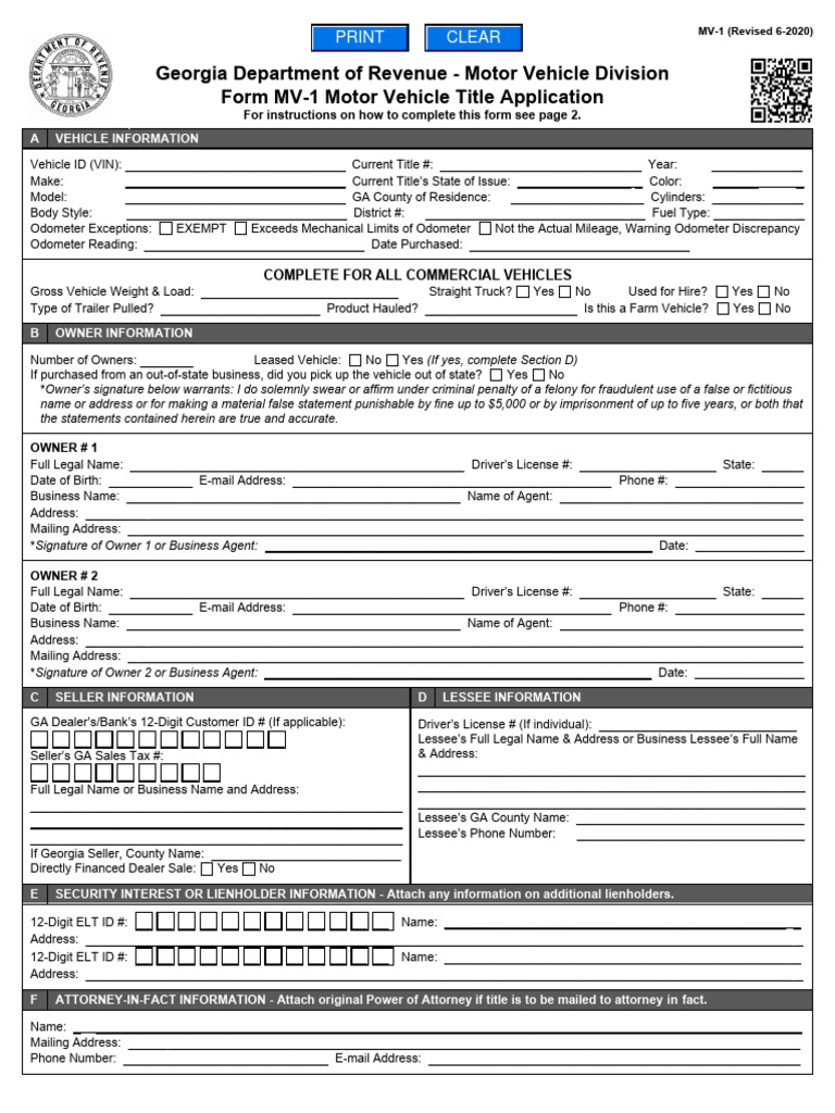 Georgia MV-1 Motor Vehicle Title Form | PDF | Driver's License | Transport