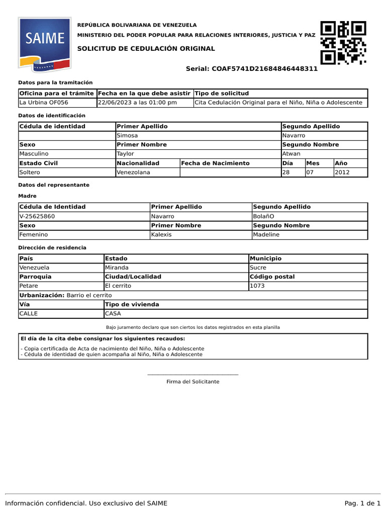 Planilla Cedulacion Original Menor | PDF | Gobierno y personalidad