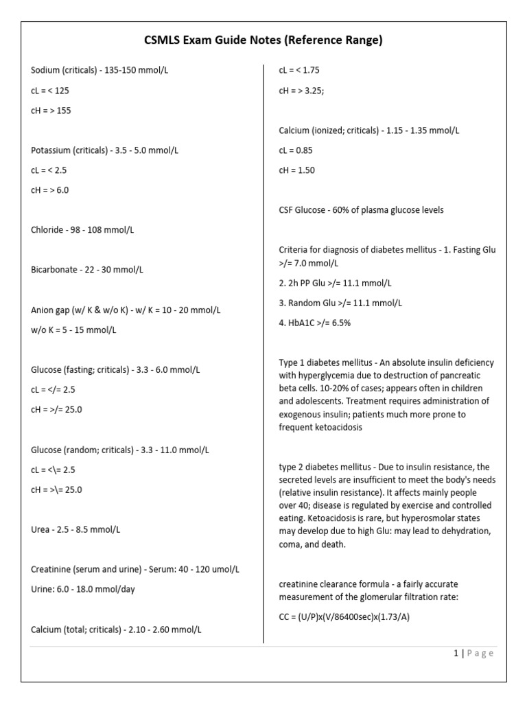 CSMLS Exam Guide Notes (Referrence Range) | PDF | Causes Of Death ...