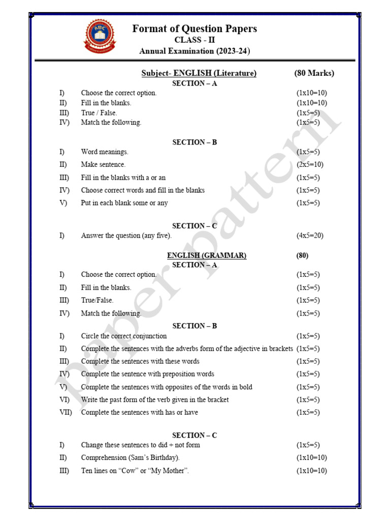 Format of Question Papers: Class - Ii Annual Examination (2023-24 Subject-ENGLISH (Literature ...