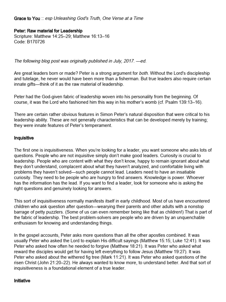 Peter Raw Material For Leadership Feb 22 2024 | PDF | Jesus | Saint Peter