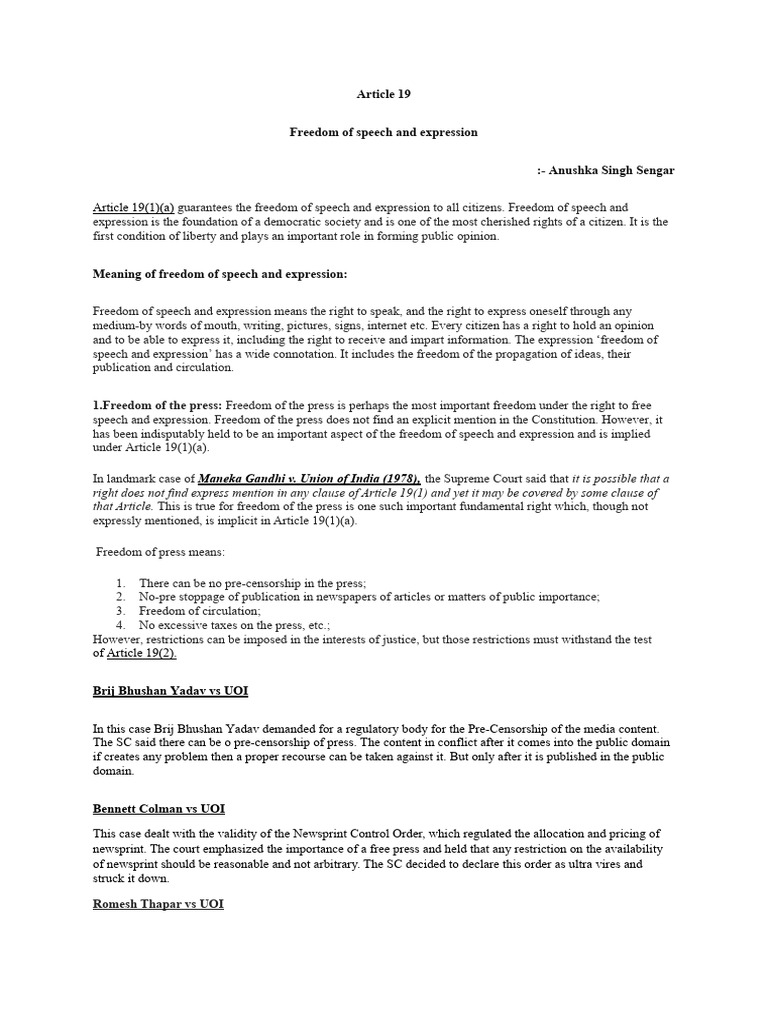 Freedom of Speech and Expression Article 19 | PDF | Freedom Of Speech ...