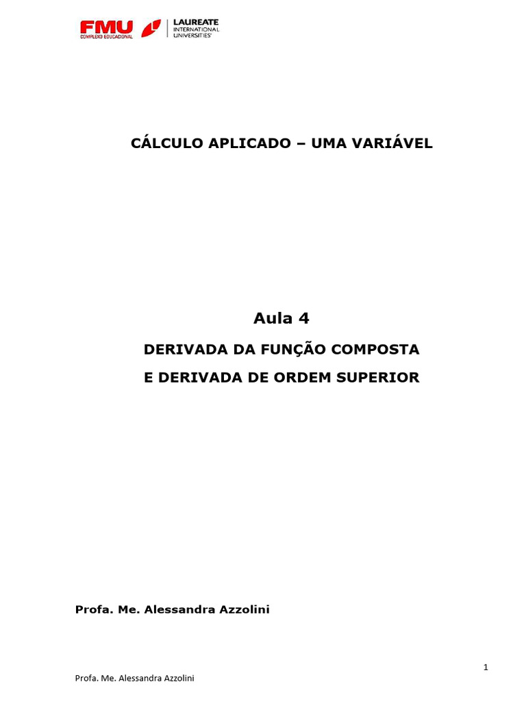 Aula 4 - Derivada Da Função Composta e Derivada de Ordem Superior | PDF ...