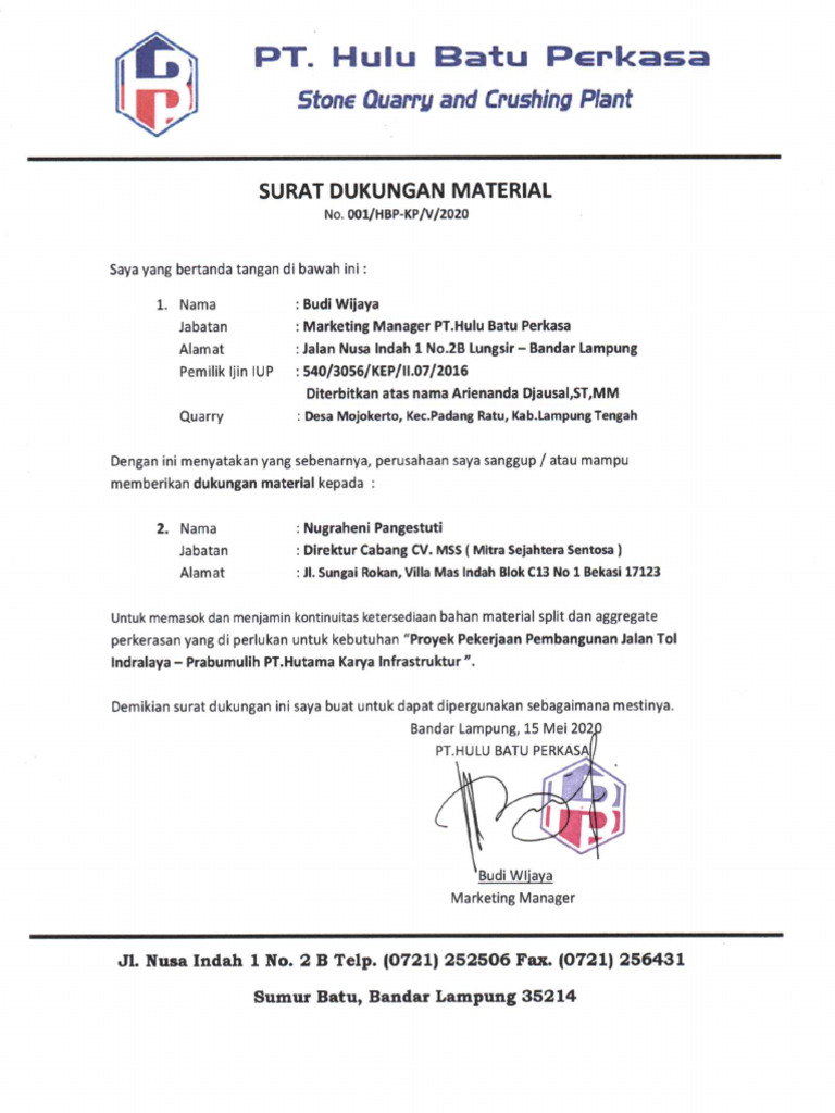 Surat Dukungan Material CV - Mss | PDF