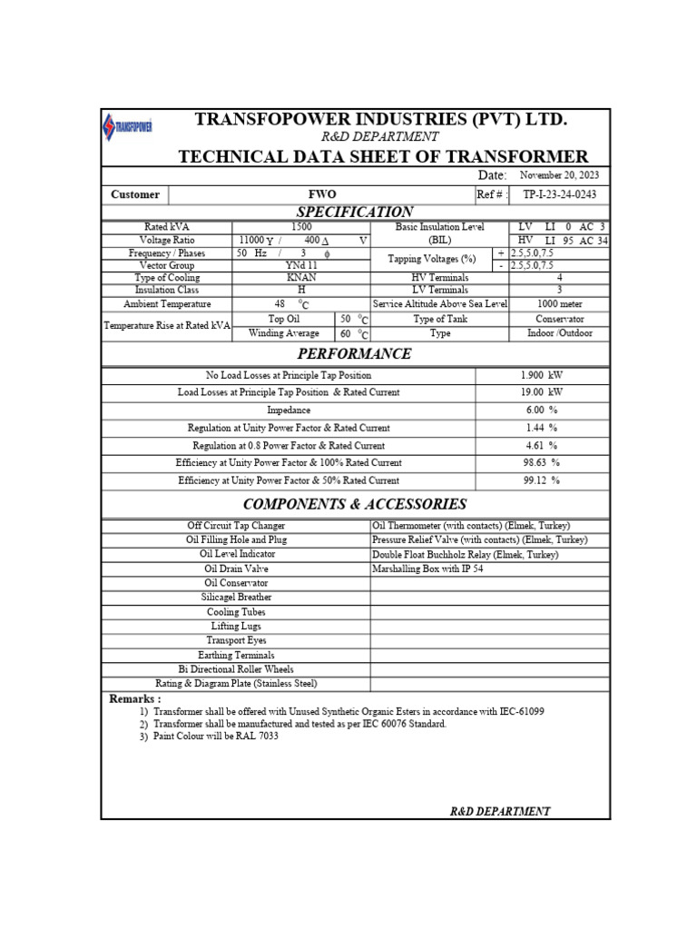 1600kva TF Tds | PDF | Transformer | Equipment