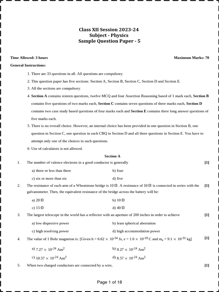 Class XII Session 2023-24 Subject - Physics Sample Question Paper - 5 | PDF | Waves | Electron