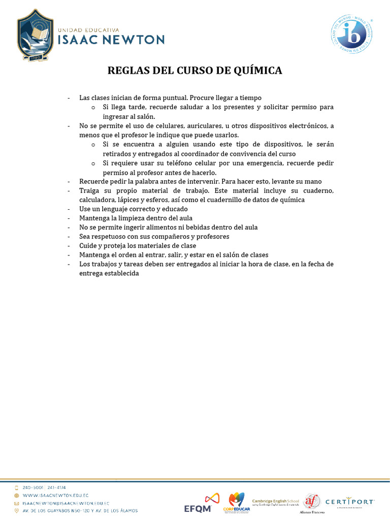 Reglas del Curso de Química | PDF