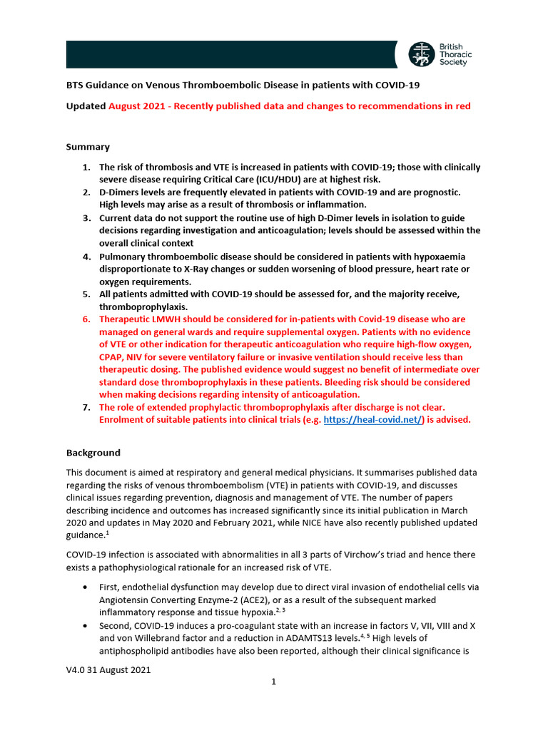 BTS Guidance On Venous Thromboembolic Disease in Patients With COVID-19 ...