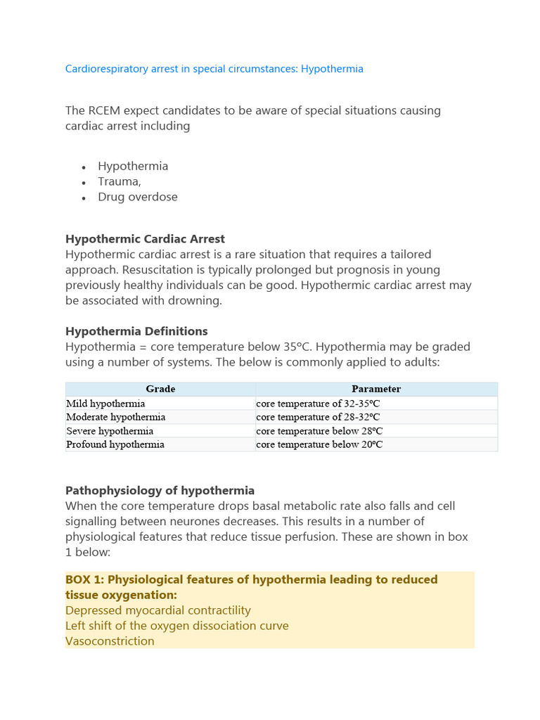 Cardiorespiratory Arrest In Special Circumstances PDF Hypothermia