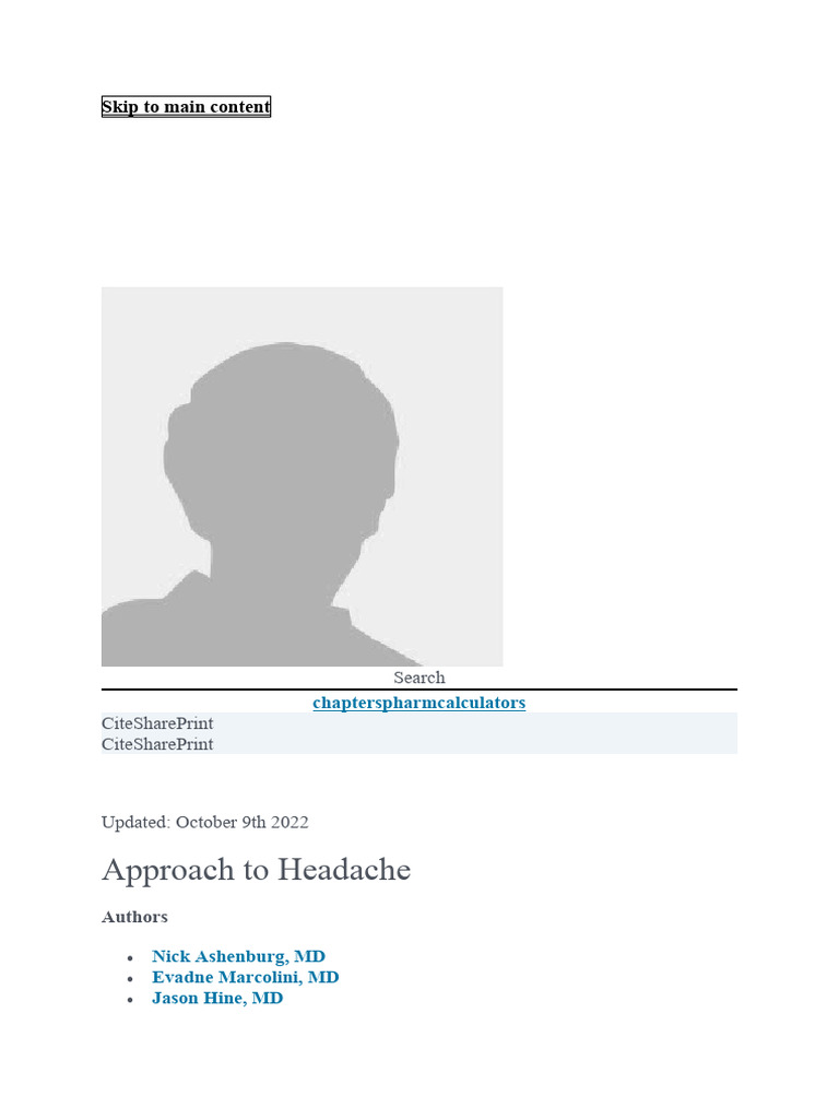 Approach To Headache | PDF | Headache | Stroke