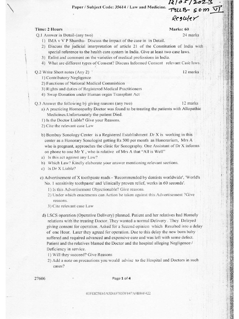 Law and Medicine Question Paper Mumbai University | PDF