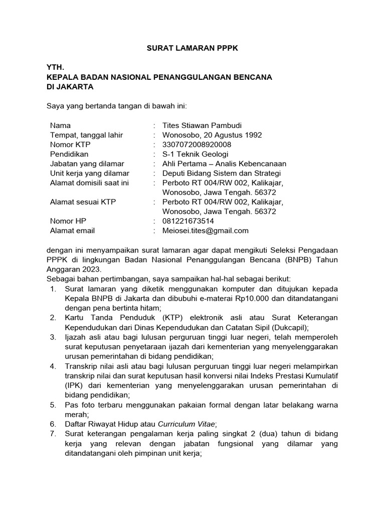 Lampiran III. Format Surat Lamaran PPPK BNPB TA 2023 | PDF