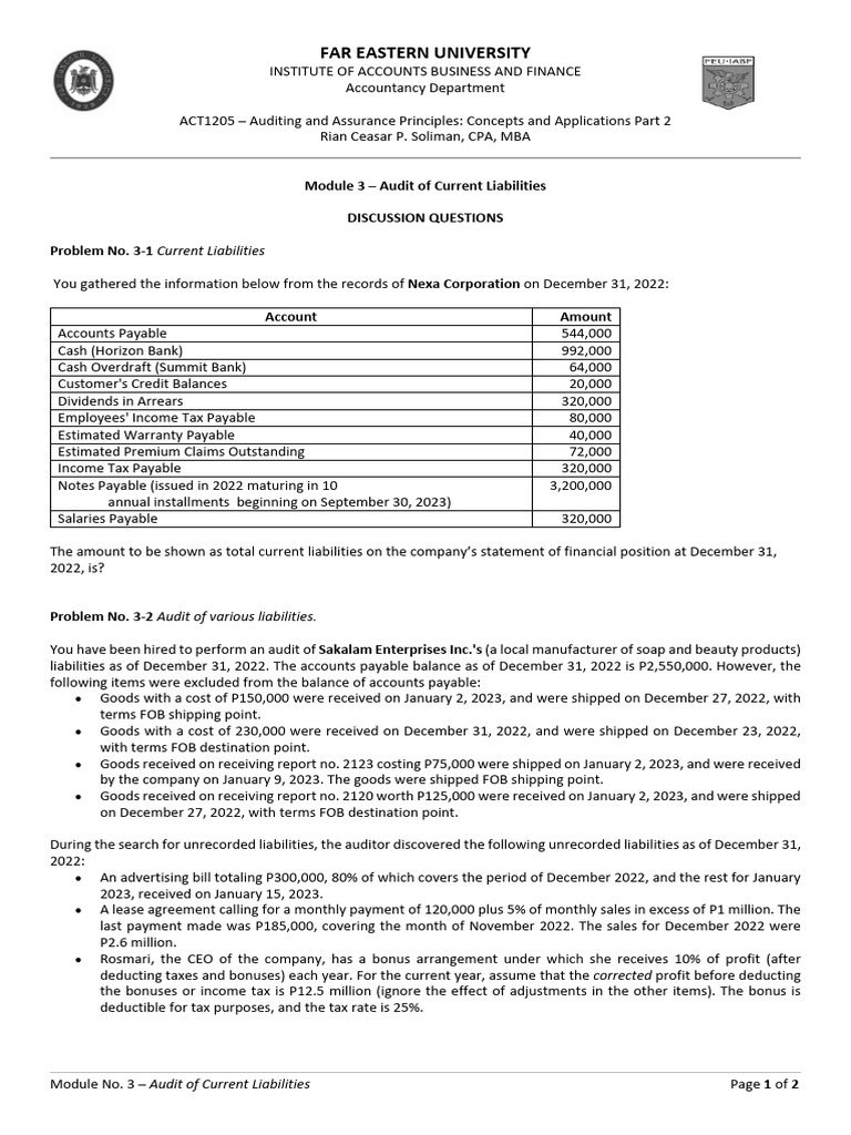 AC1205 Module 3 - Audit of Liabilities (Discussion Guide) (Student ...