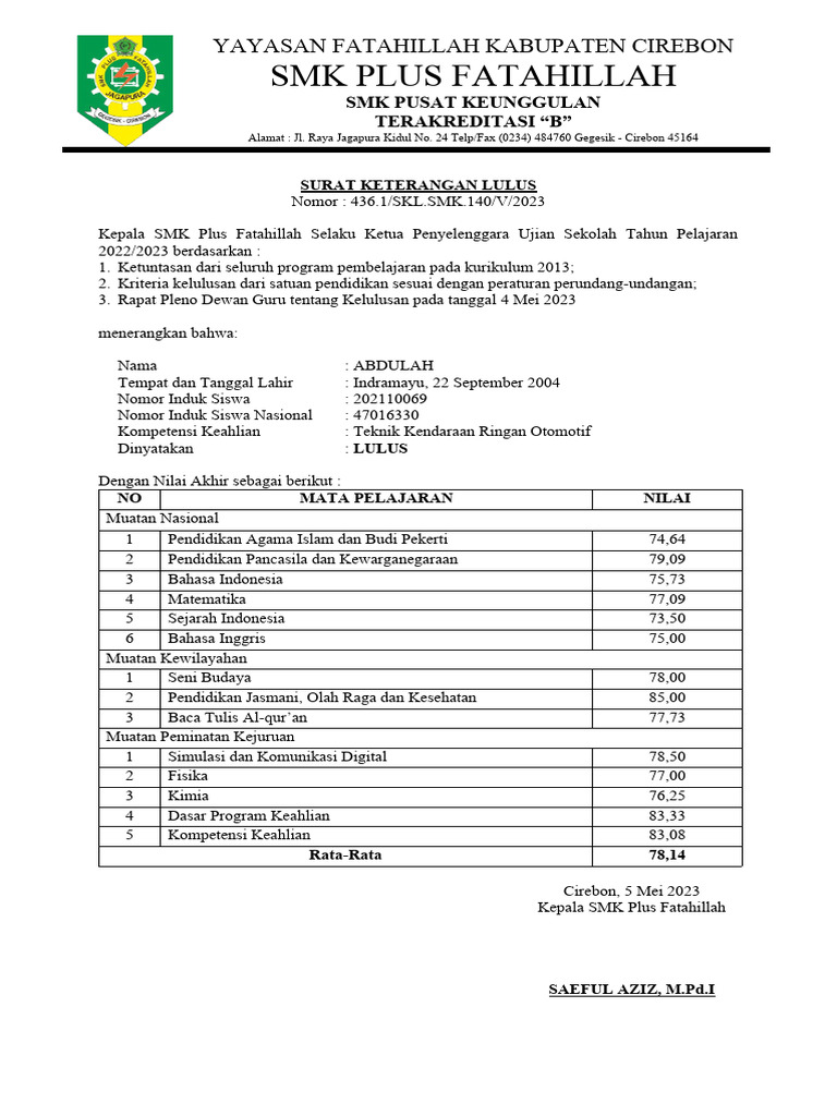 Kelulusan Xii TKR 1 | PDF