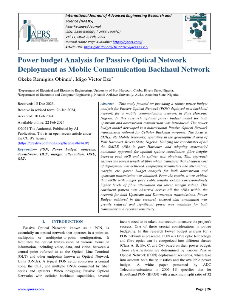 Power Budget Analysis For Passive Optical Network Deployment As Mobile ...
