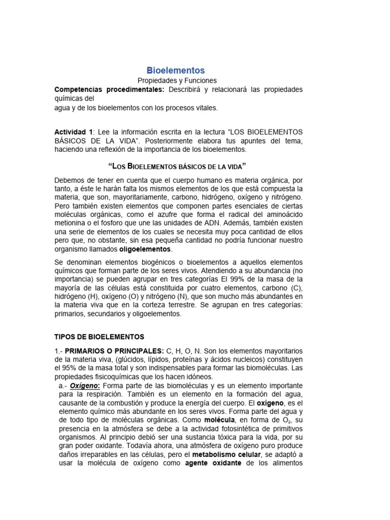 Bioelementos Propiedadesy Funciones. | PDF | Biomoléculas | Oxígeno