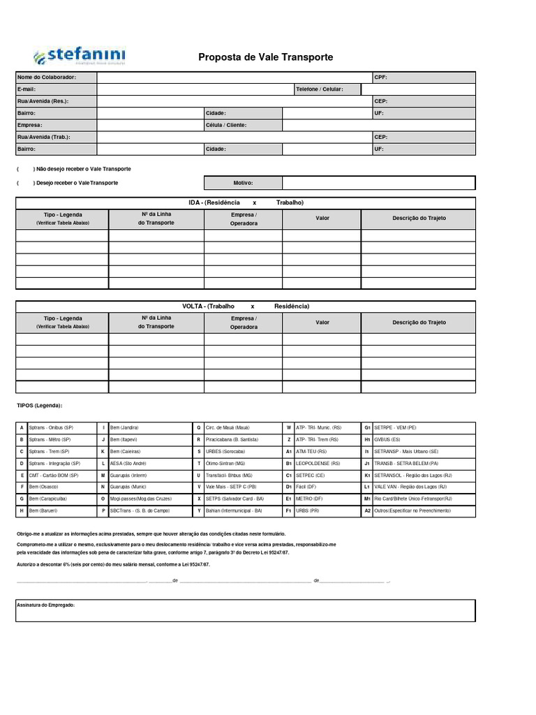 Formulário de VT - CLT | PDF | Transporte