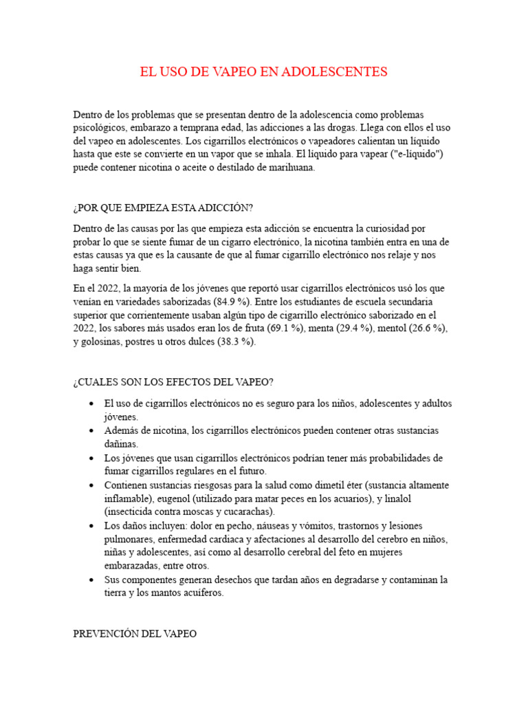 Vaping en Adolescentes: Riesgos y Prevención | PDF | Cigarrillo ...