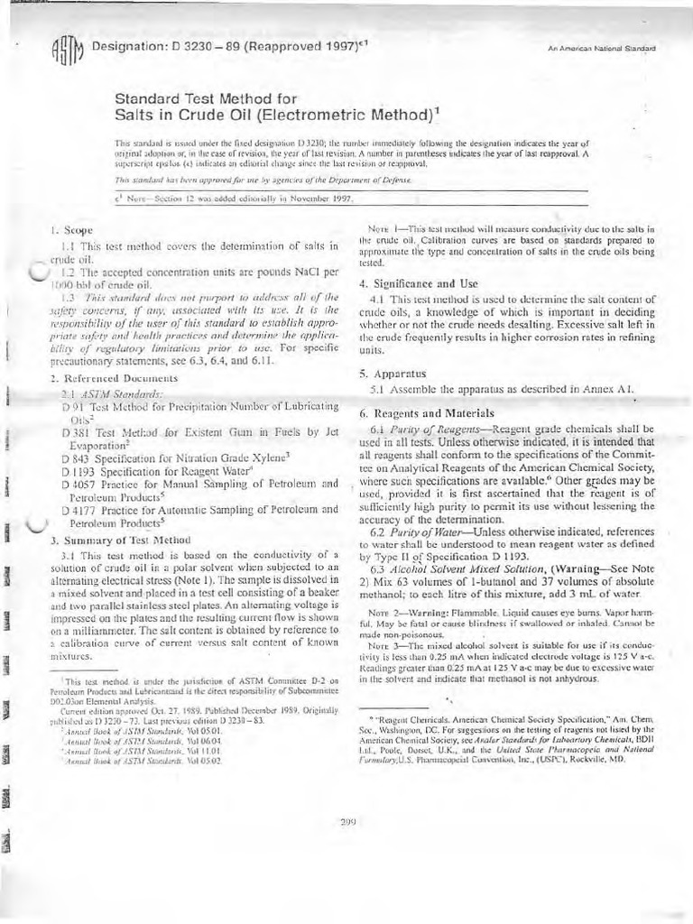 Standard Test Method For Salts In Crude Oil Electrometric Method Pdf
