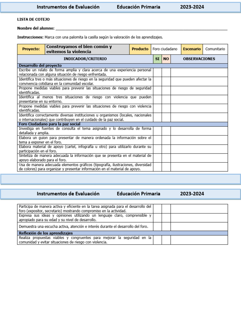 6to Grado Febrero - Instrumentos de Evaluación (2023-2024) | PDF | Evaluación | Inclusión ...