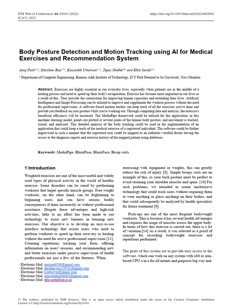 Body Posture Detection and Motion Tracking Using Al For Medical (2022) | PDF | I Phone | Ios