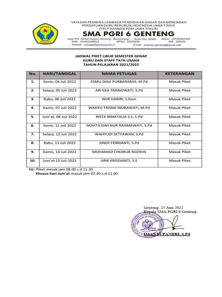 Jadwal Piket Libur Semester Genap | PDF