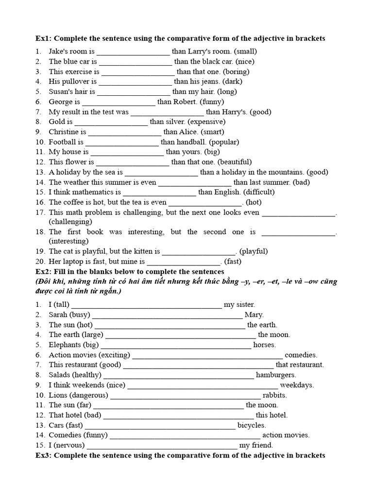 Comparative Adjectives Exercises | PDF