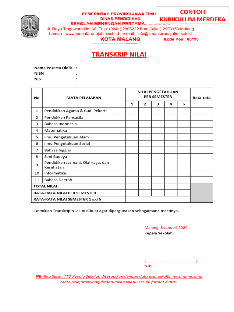 Contoh Transkrip Nilai Kurikulum Merdeka | PDF