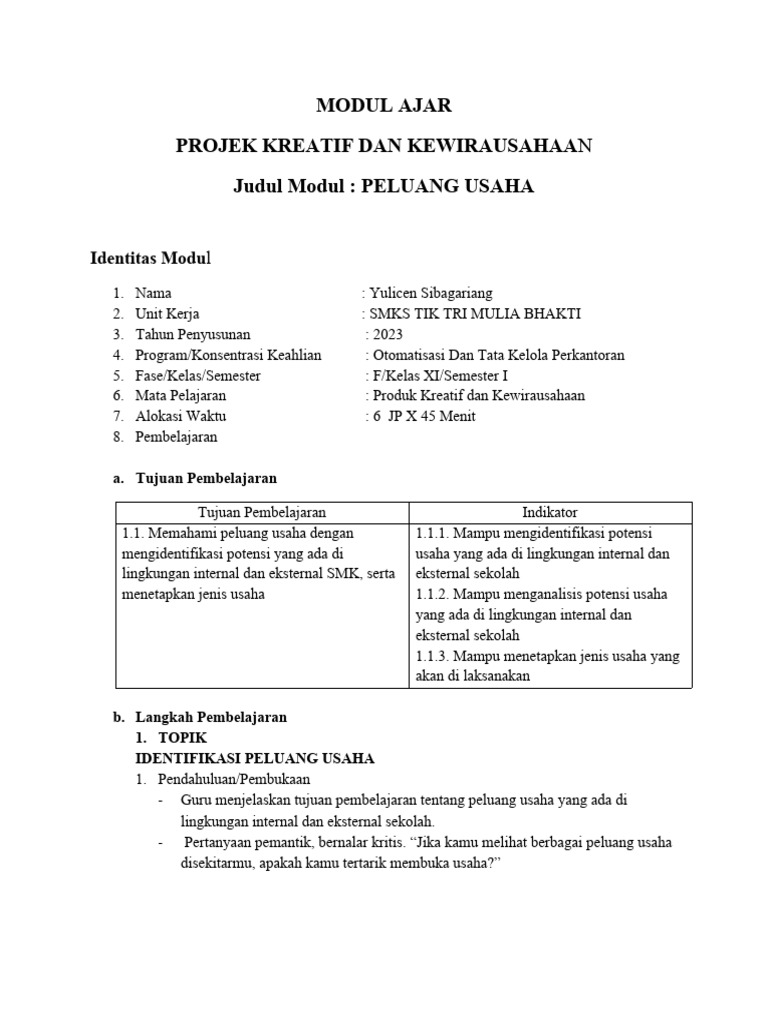Modul Ajar Produk Kreatif Kewirausahaan | PDF | Karier & Perkembangan