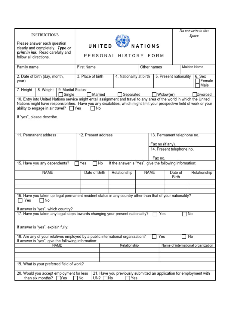 UN Personal History Form | PDF | Employment | Academic Degree