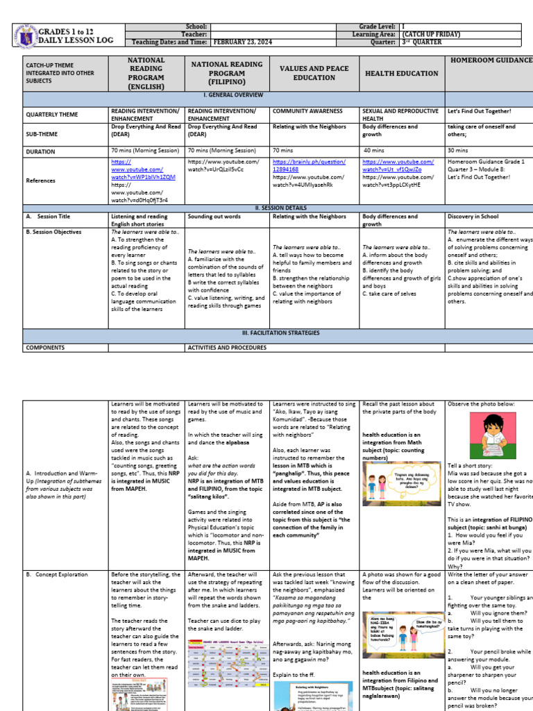 Week4 - LP - Reading, Peace, Values, Health - Feb16,2024 | PDF | Learning | Psychological Concepts