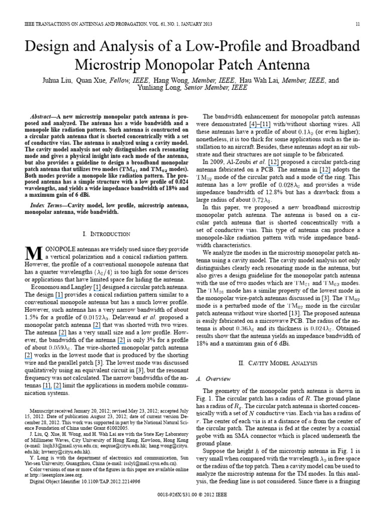Design and Analysis of A Low-Profile and Broadband Microstrip Monopolar Patch Antenna | PDF ...